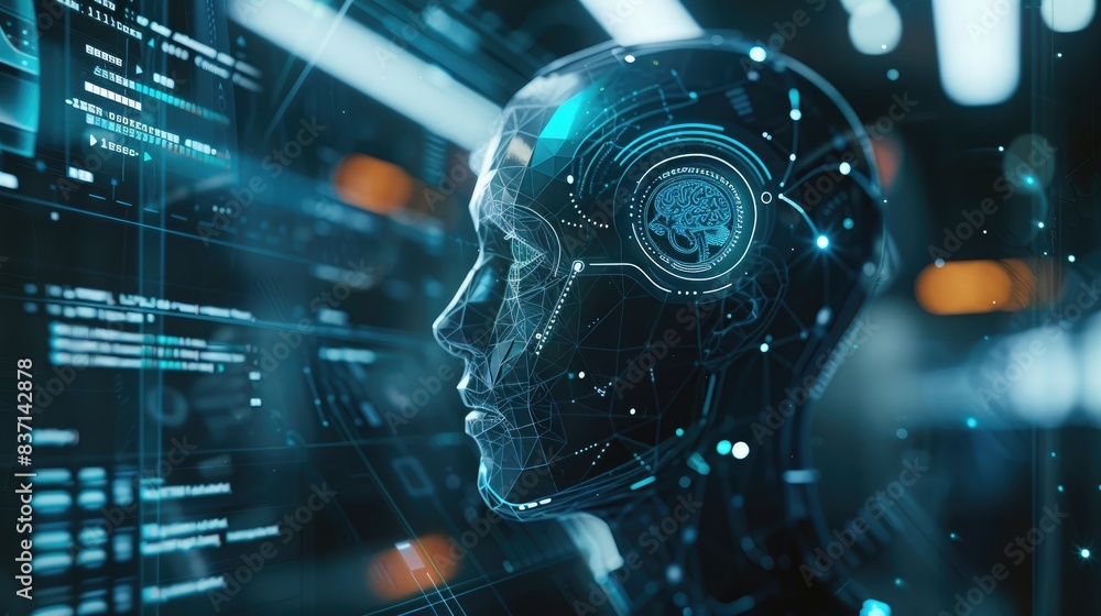 AI. Artificial intelligence. Head robot hanging over podium and look at virtual dashboard ...