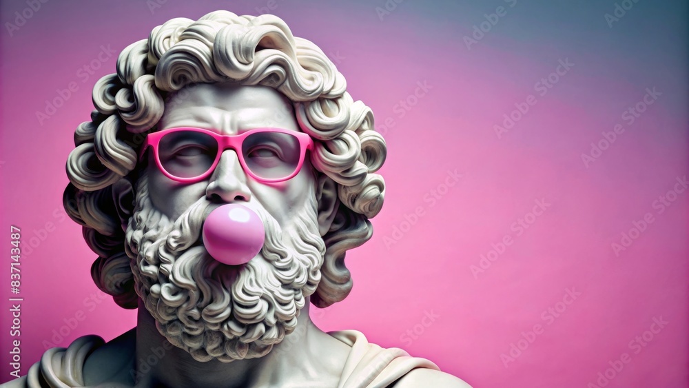 Greek sculpture of Zeus wearing pink glasses and blowing a bubble gum ...