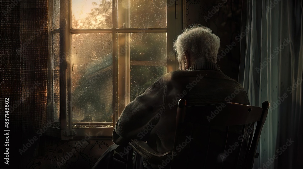 elderly man gazing through the window with his back turned Stock Photo ...