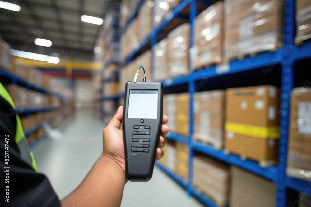 A person is holding a device in a warehouse. The device is a handheld ...