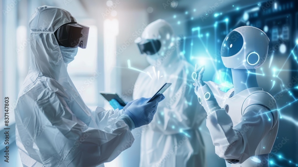 Scientists in full protective gear using electronic devices in a ...