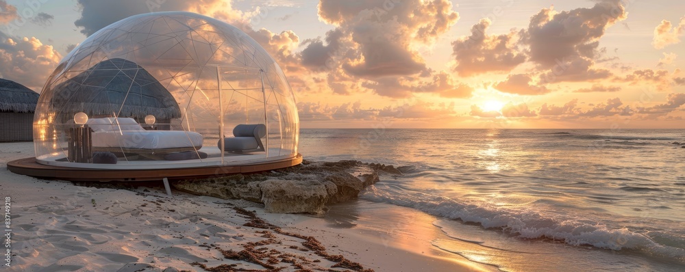Romantic sunset glamping on a remote beach, serene and stylish, with ...