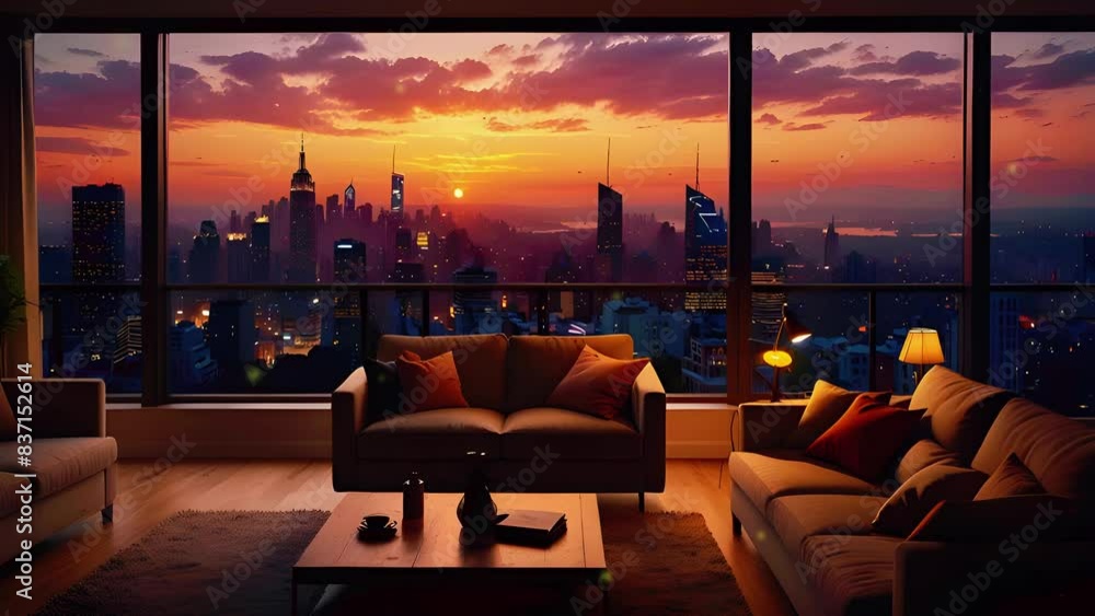 A cozy living room with large windows vibrant cityscape at sunset ...
