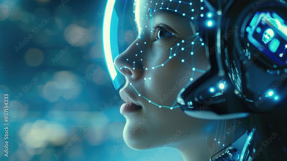 Artificial intelligence in image of cyborg girl with electronic brain ...