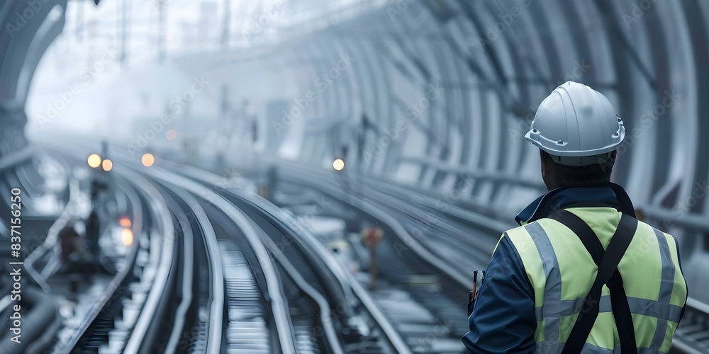 Engineer in safety gear inspecting railway switch construction at ...