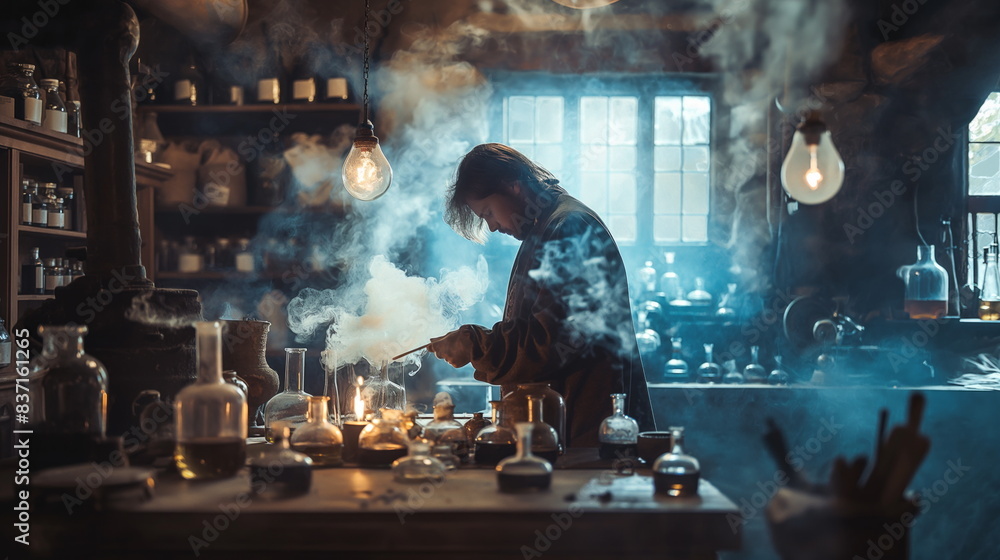 Foto de medieval alchemist working in a dimly lit laboratory ...