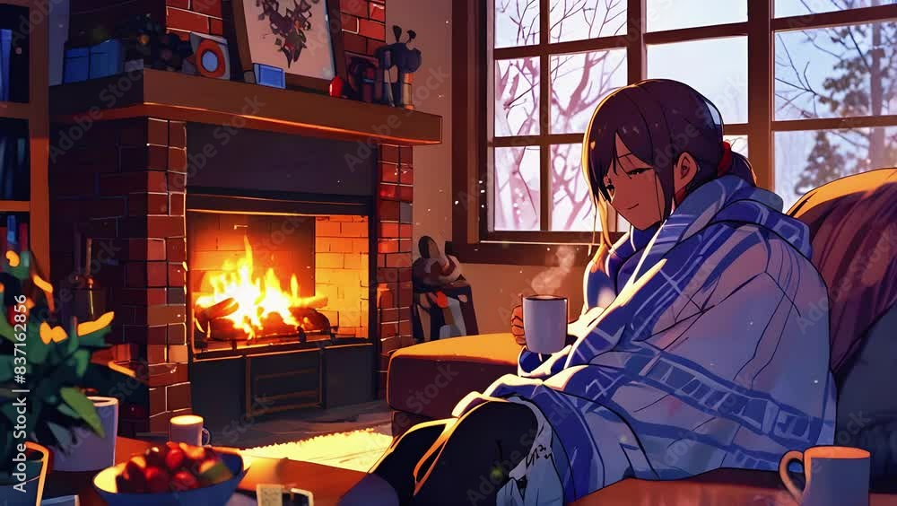 A living room with a fireplace, a character wrapped in a blanket with hot cocoa, overlay loop ...