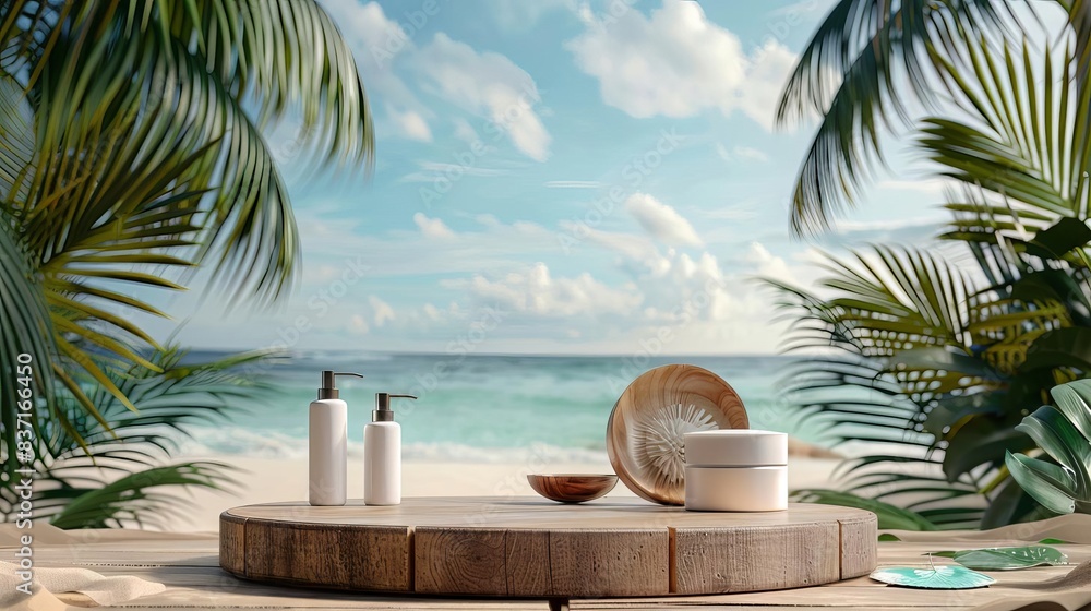 luxurious summer product display on wooden podium idyllic tropical ...