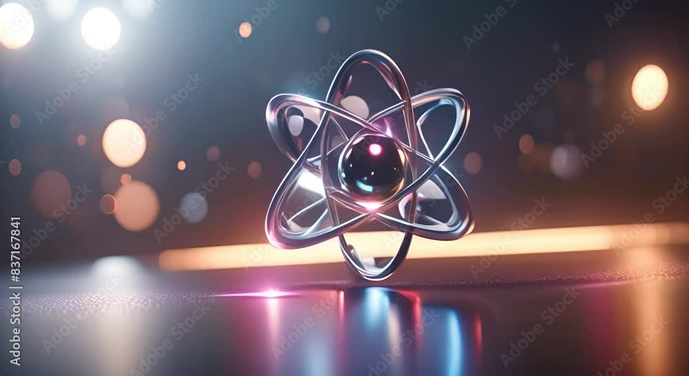 3D animation of an atom with glowing orbits and a bright nucleus. Close ...