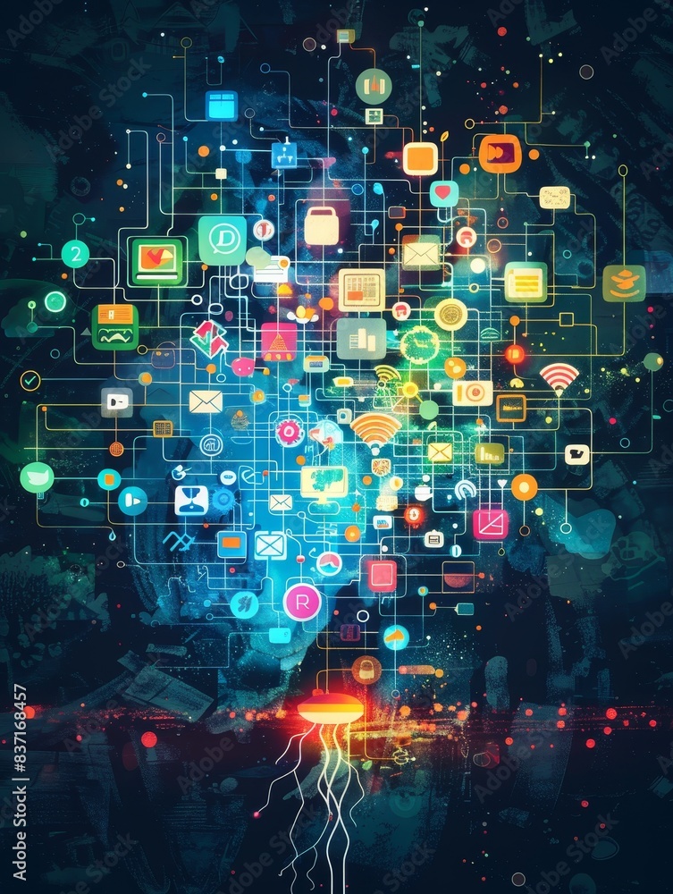 The fusion of nature and digital networks, with a tree representing the ...