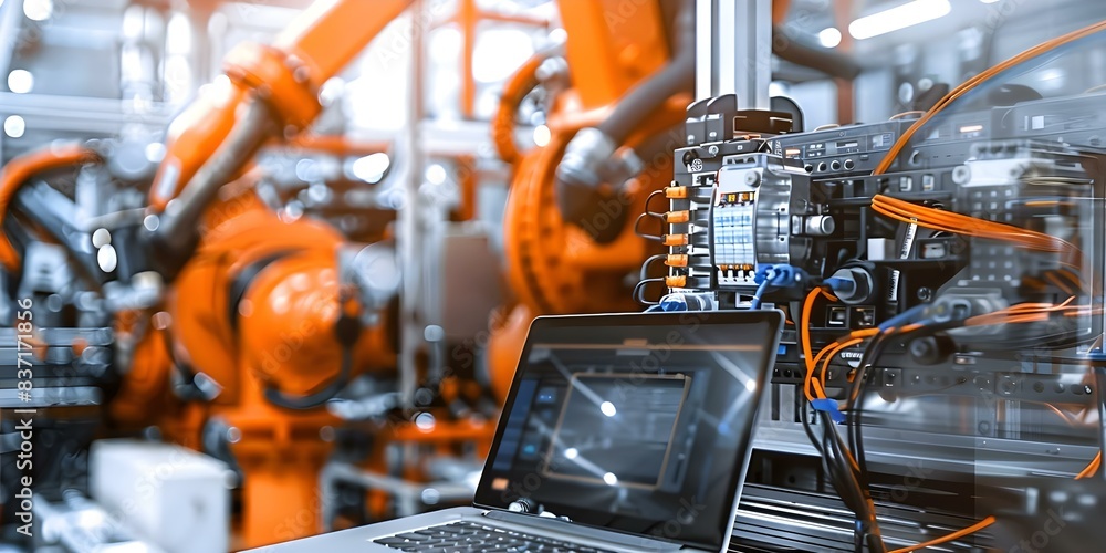 ภาพประกอบสต็อก Large automated engineer laptop managed by programmable logic controller for ...