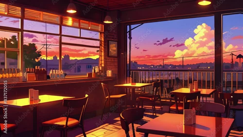 A cozy café scene with tables, chairs, stream starting soon screen ...