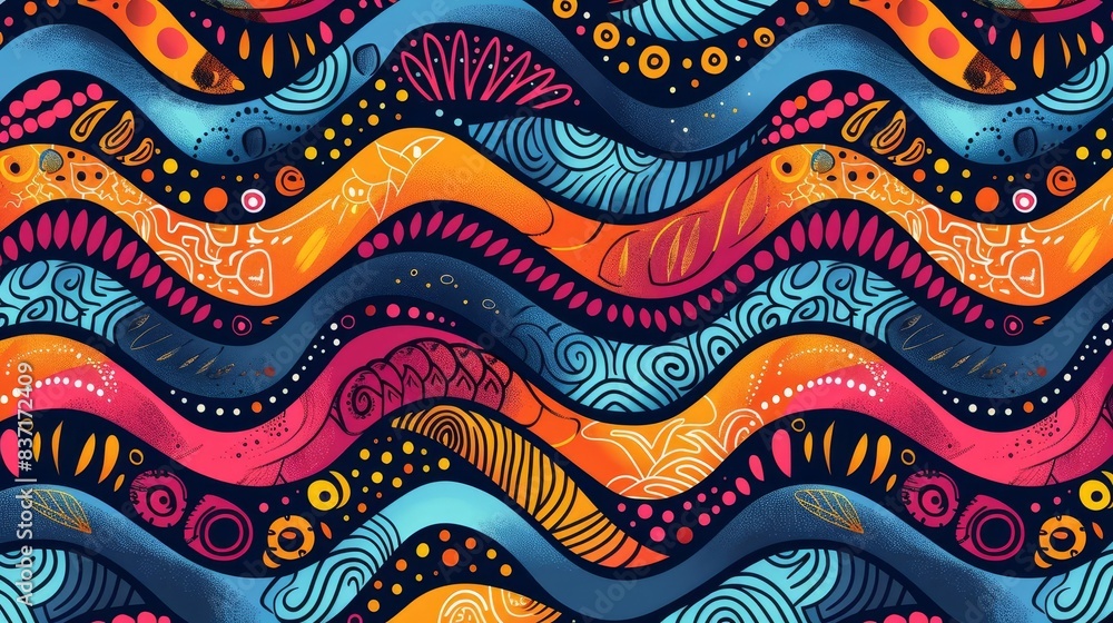 Stylized tribal wave pattern, bright colors, flat design, flowing ...