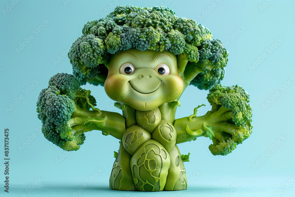 Cartoon broccoli with a smiling face flexes its muscular arms ...
