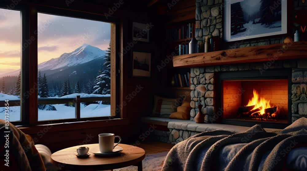 A living room with a fireplace, a character wrapped in a blanket with hot cocoa, overlay loop ...