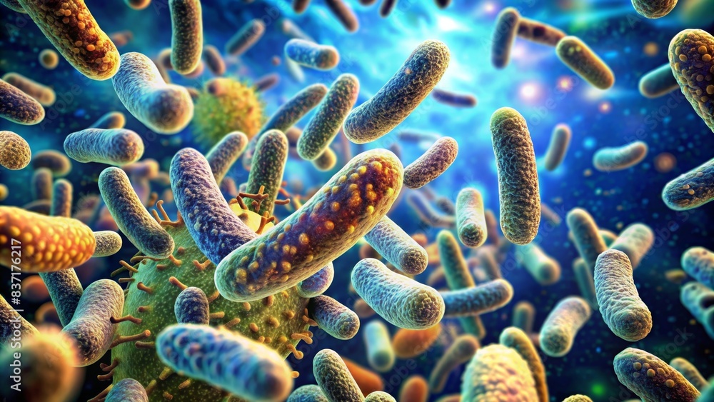 Microscope closeup of flowing bacteria cells and microbes colony cloud ...