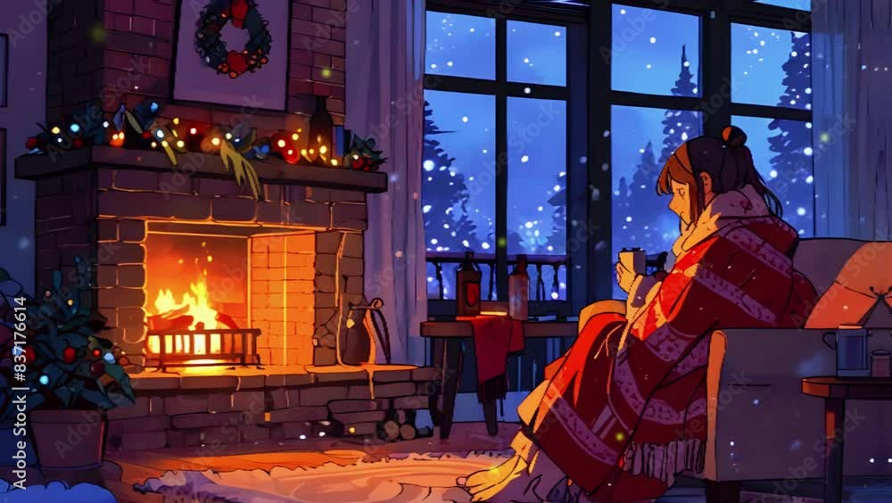 Stockvideon A living room with a fireplace, a character wrapped in a blanket with hot cocoa ...