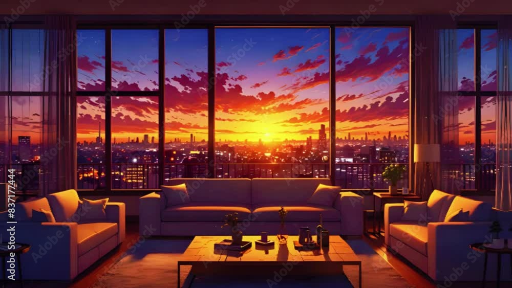 A cozy living room with large windows vibrant cityscape at sunset ...