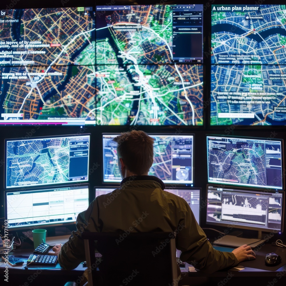 An urban planner at a workstation, surrounded by multiple screens ...
