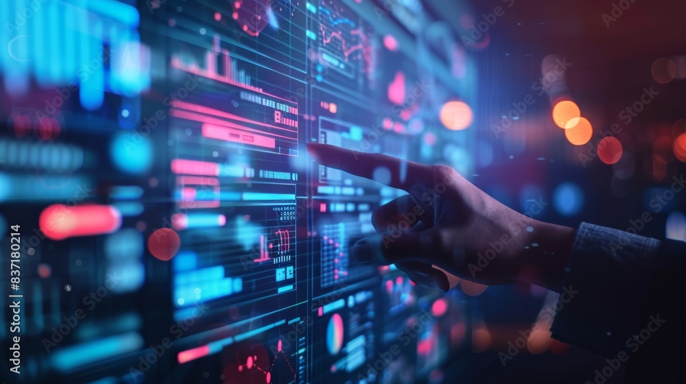 Visualizing technology trends through a digital interface, with a hand ...