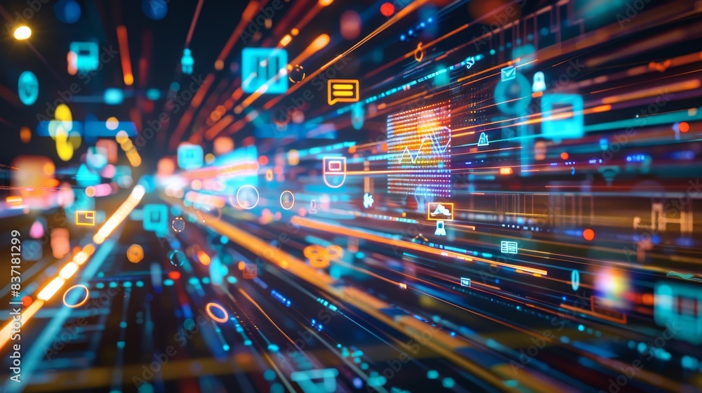 A cascade of digital symbols and lines, like a waterfall of light ...