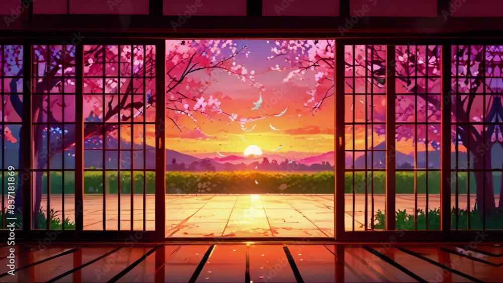 A room with sliding Japanese doors opening garden cherry blossom ...