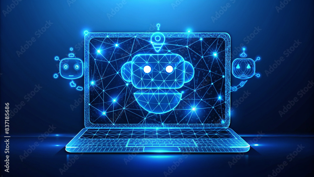 Chat bot abstract logo on a laptop screen and speech bubbles, question ...