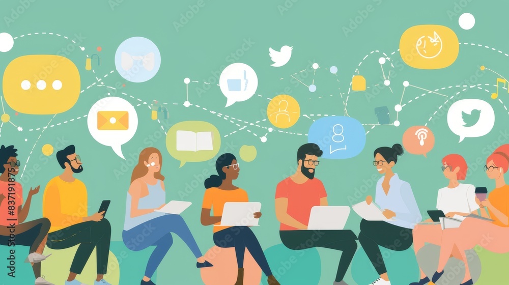 Colorful illustration showcasing a diverse group of people using ...