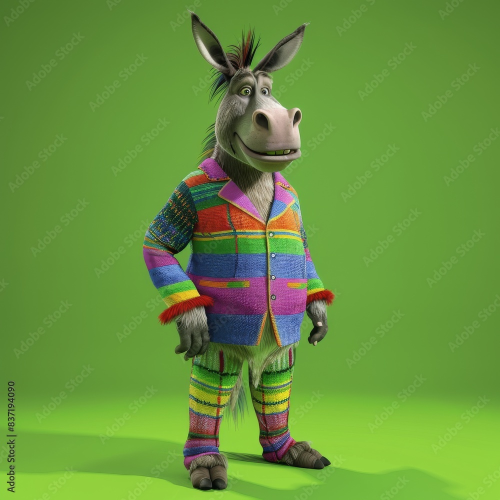 Donkey from the movie shrek, standing, wearing a colorful suit, green ...