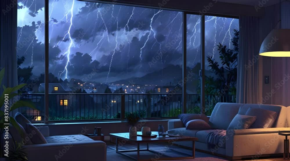 A cozy living room setting with a large window showing rain pouring ...