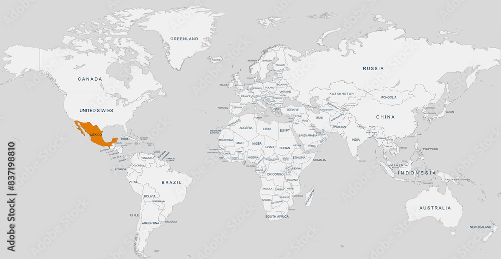 mexico map.Geographical map of mexico with world map highlighted. Stock ...