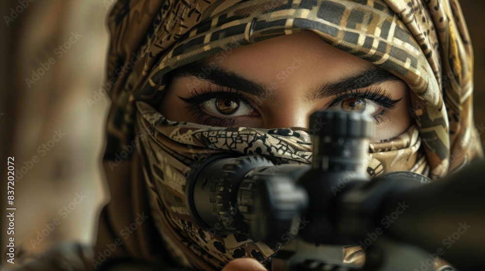 Beautiful young special military woman hijab Muslim with rifle machine ...