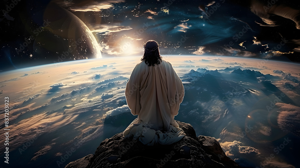 Jesus as the redeemer watching over the earth from space, Stock ...