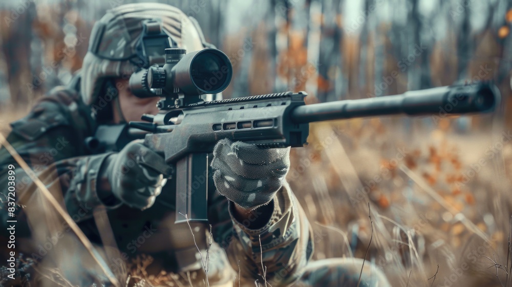 Army soldier sniper aims through the telescopic sight. Army sniper with ...