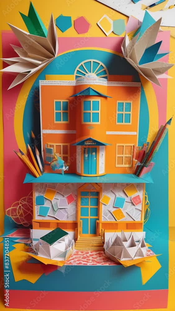 Colorful 3D papercraft house with layered textures and intricate cut ...