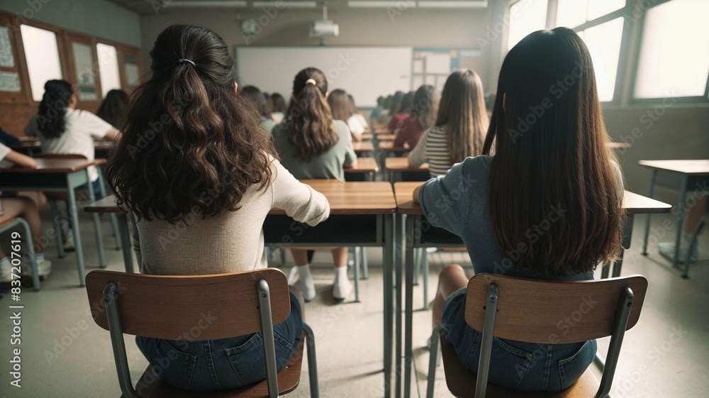 Cinematic photo of two girls sitting in the back row, facing away at ...