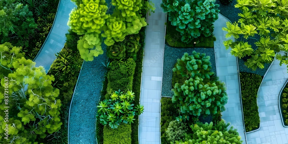 Bird's eye view of tree-filled garden with permeable pavement for ...
