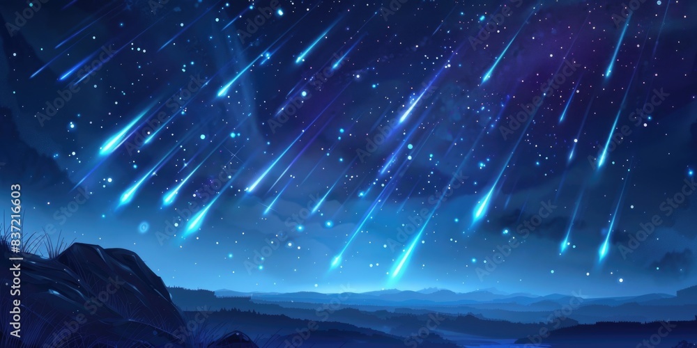Beautiful Meteor shower in the dark sky at night background, Shiny of ...