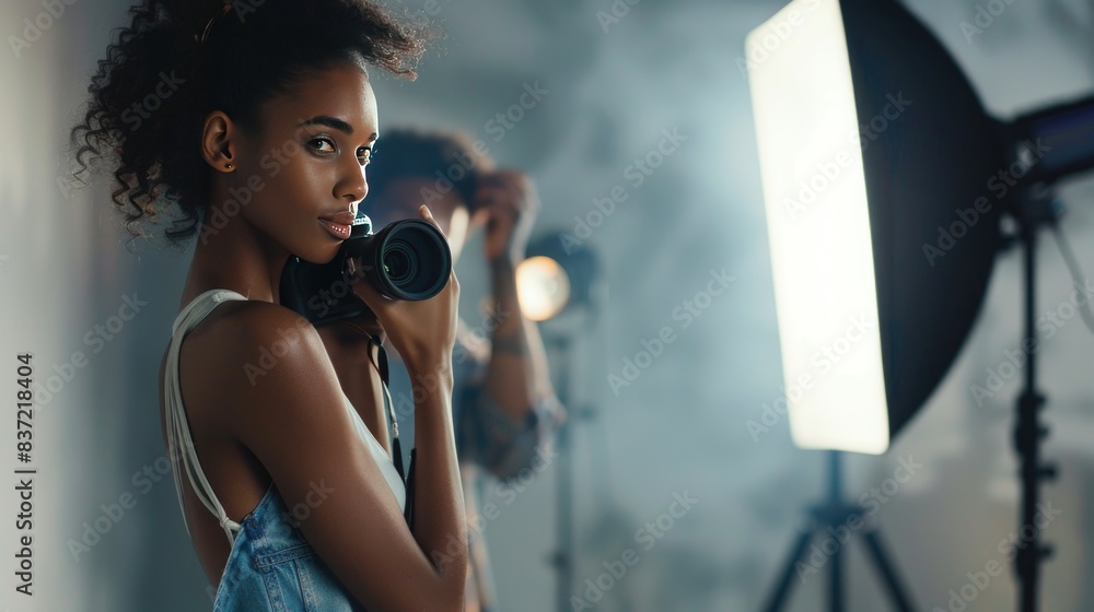 Behind the Scenes on Photo Shoot. Beautiful Black Model Poses for a ...