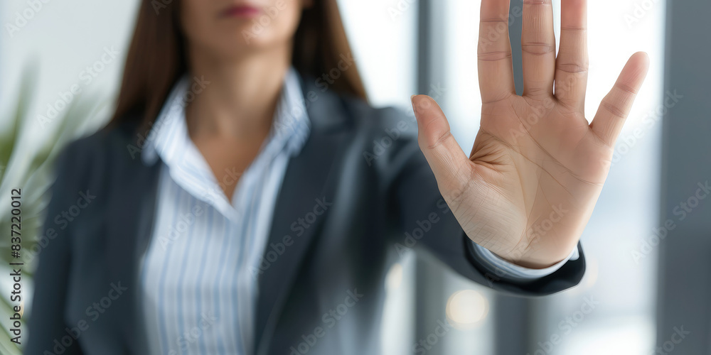 Stop, hand sign and woman in business suit with no gesture for sexual ...