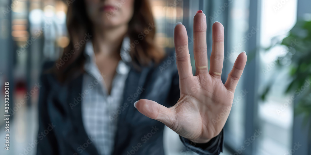Stop, hand sign and woman in business suit with no gesture for sexual ...