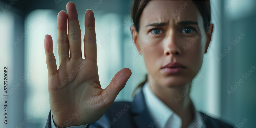 Stop, hand sign and woman in business suit with no gesture for sexual ...