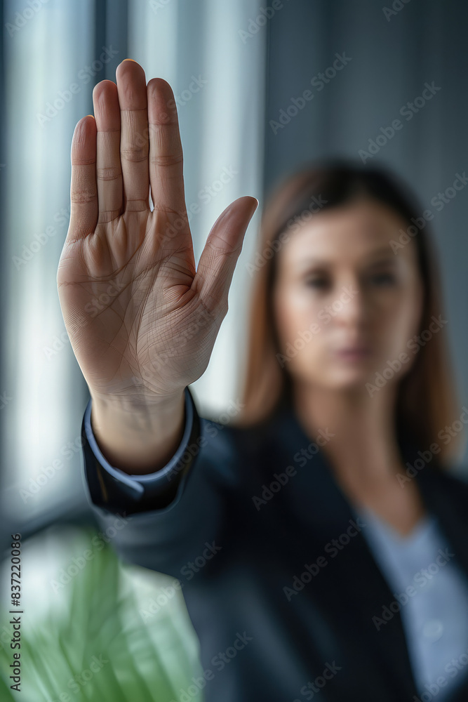 Stop, hand sign and woman in business suit with no gesture for sexual ...