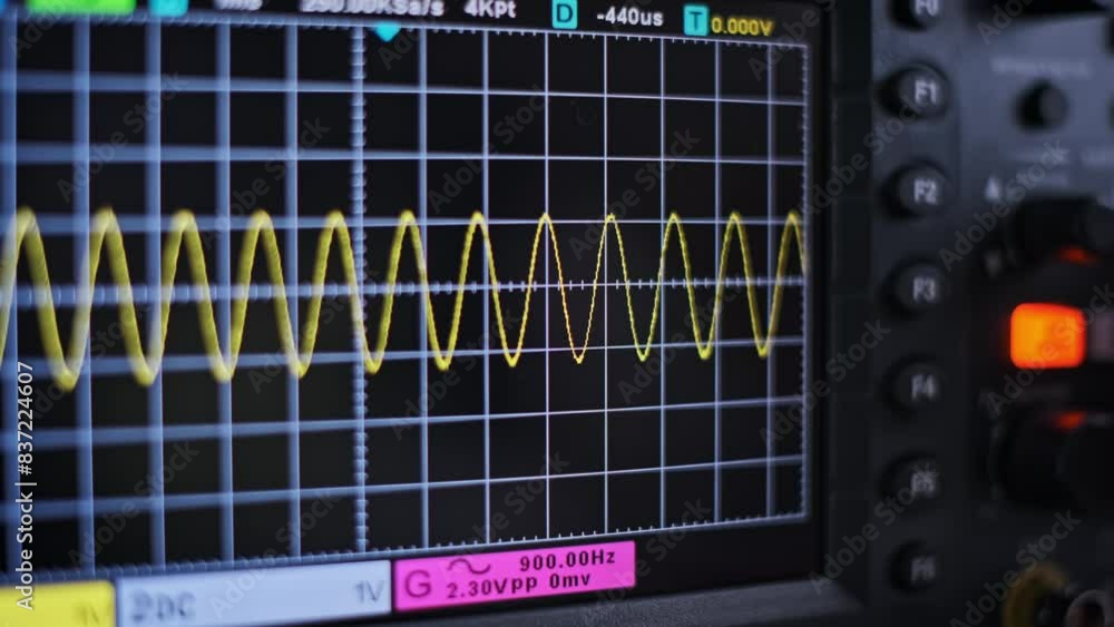 Dynamic display of a radio wave signal on an oscilloscope screen. The ...