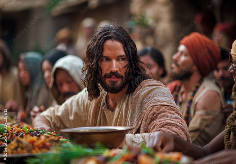 Jesus sits among a diverse group, sharing a meal and engaging in lively ...