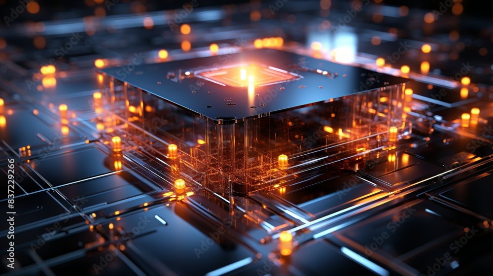 An abstract visualization of a quantum computer with glowing particles and digital pathways ...