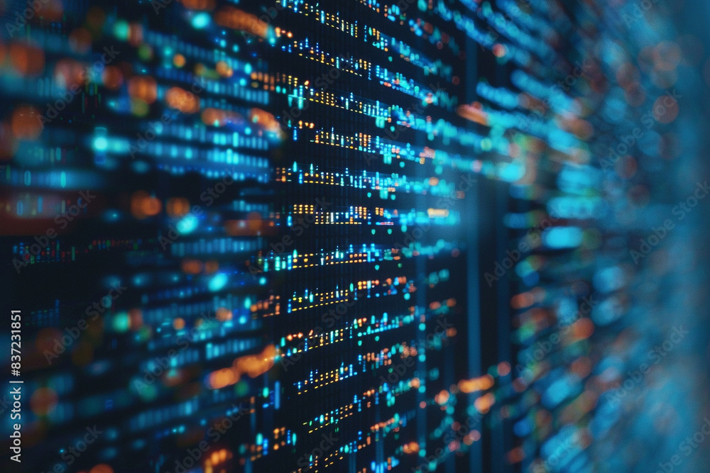 visualize a macro, close-up shot of a developer's screen, where lines ...