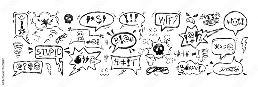 Chalk speech bubbles with swear words, curses, skull icon, censored ...
