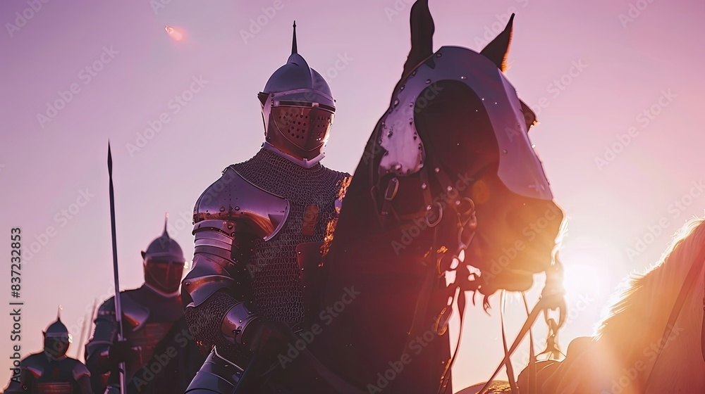 Mounted detachment of medieval knights in metal armor and helmets ready ...