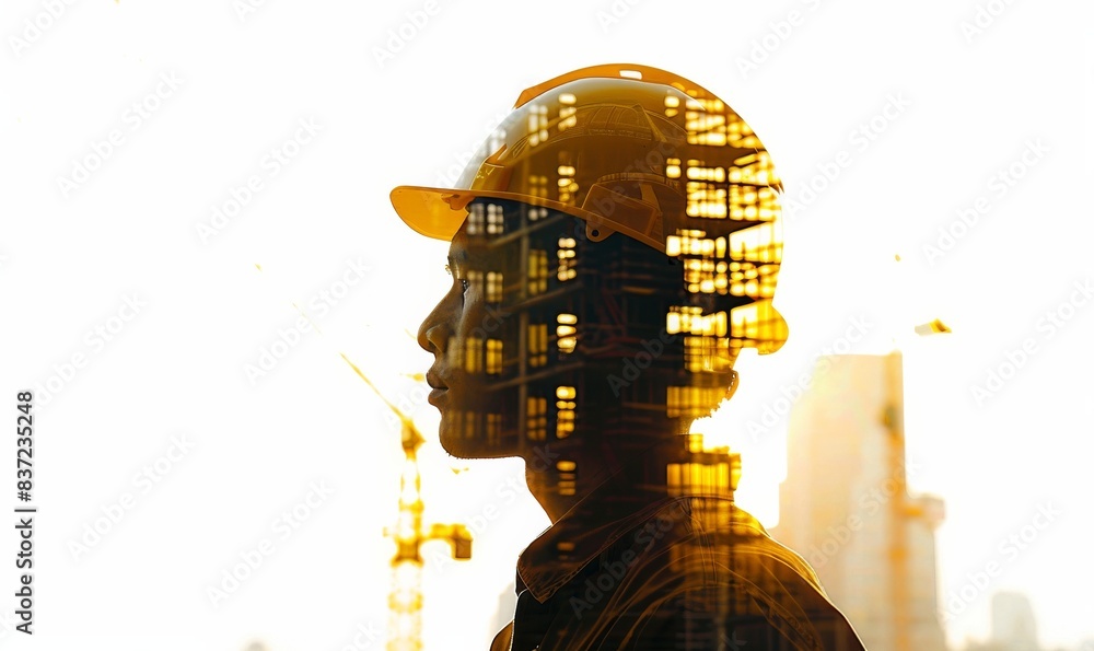 Portrait of a male civil engineer. Silhouette of a construction site on ...